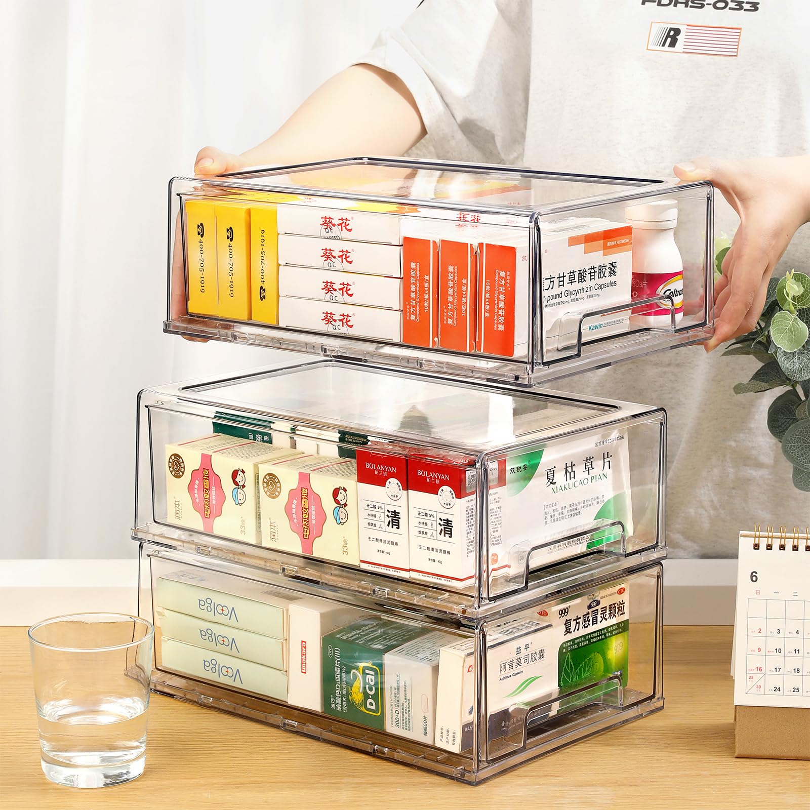 2 pack clear Drawer Plastic stackable Storage Box Bins Organizer，Medicine Container,Family First Aid Kits Medicine cabinet Box,Closet ，Shelf，Ointments, Adhesive Bandages，Cosmetics,Office Items