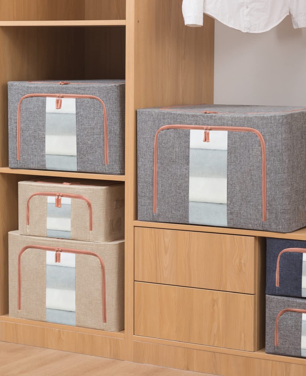 3 Pack Clothes Storage Bags - 66L Foldable Stainless steel Frame Storage Box - Stackable Linen Fabric Container Organizer Set with Carrying Handles and Clear Window With sturdy zipper ( 19.7x15.7x13inch）
