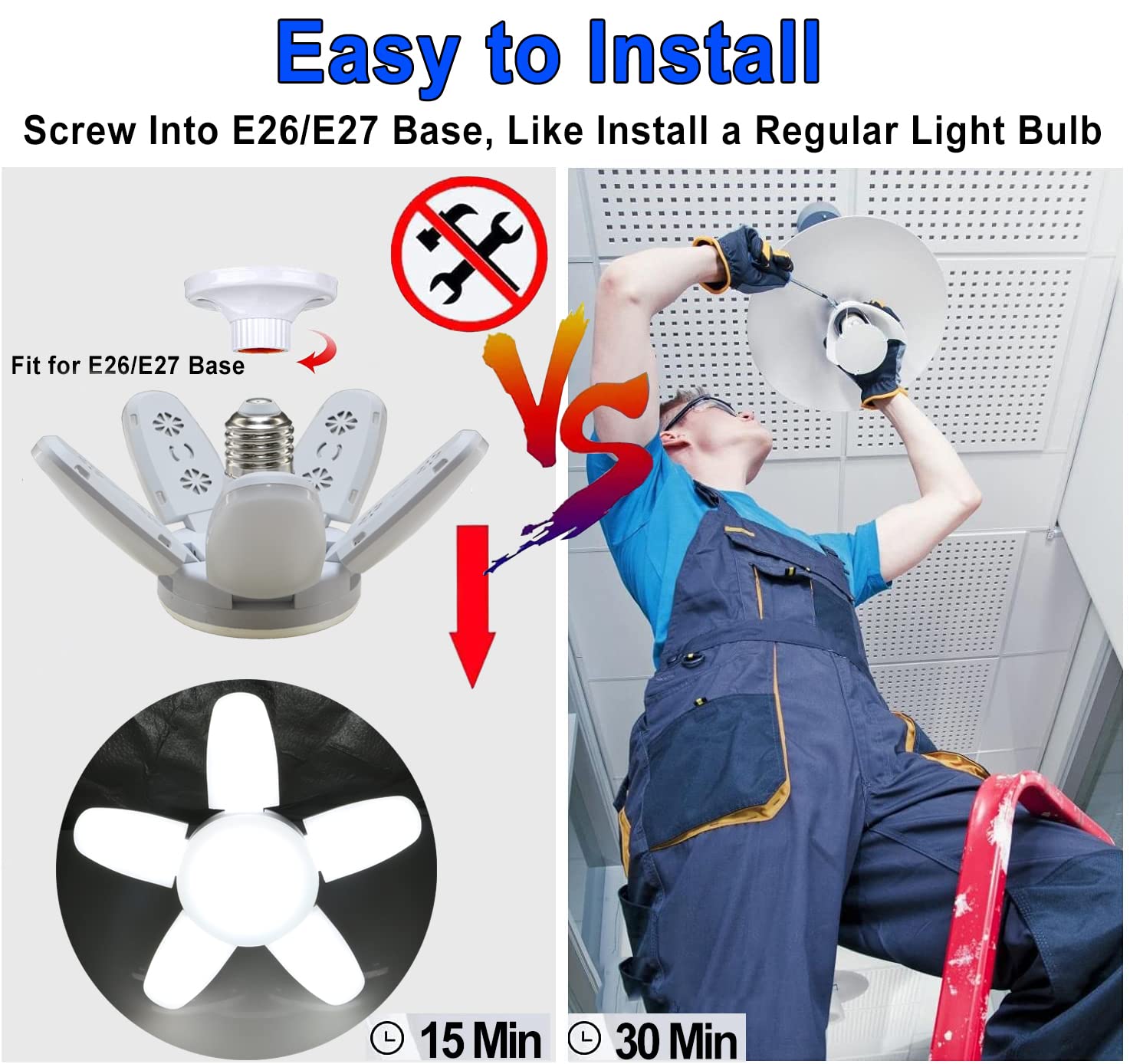 2Pack LED Garage Light Bulb, Mini 60W LED Garage Ceiling Lights 5 Adjustable Panels,6000Lumen Garage LED Light Bulb,E26 6500K Daylight LED Shop Lights for Garage,Kitchen,Indoor,Living Room,Attic Light
