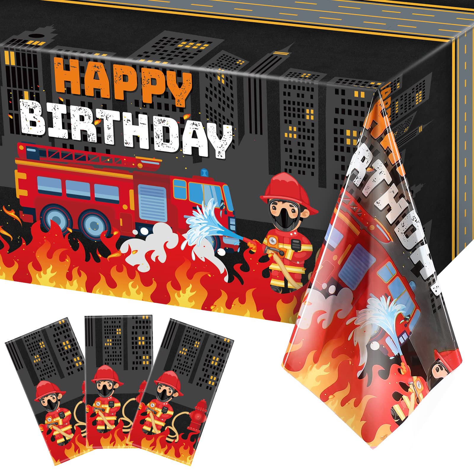 3 Pack Plastic Fire Truck Tablecloths Firefighter Party Tablecloth Fireman Happy Birthday Table Cover Fire Truck Birthday Party Supplies for Firefighting Theme Party School Activity, 54 x 108 Inch
