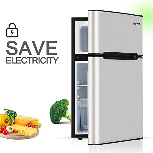 3.2 Cu.Ft Mini Refrigerator Compact Refrigerator Mini Fridge Stainless Steel with Freezer,2 door, for Dorm,Garage, Camper, Basement or Office,Silver, Silver, 19.1 x 20.1 x 33.5 inches