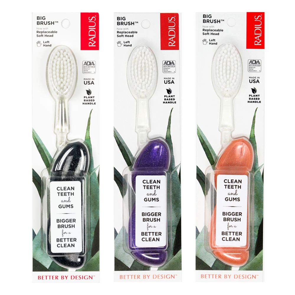 RADIUS Toothbrush Big Brush with Replacement Head Left Hand Soft Assorted Colors 3 Count| BPA Free and ADA Accepted | Designed to Clean Teeth and Reduce The Risk of Gum Disease