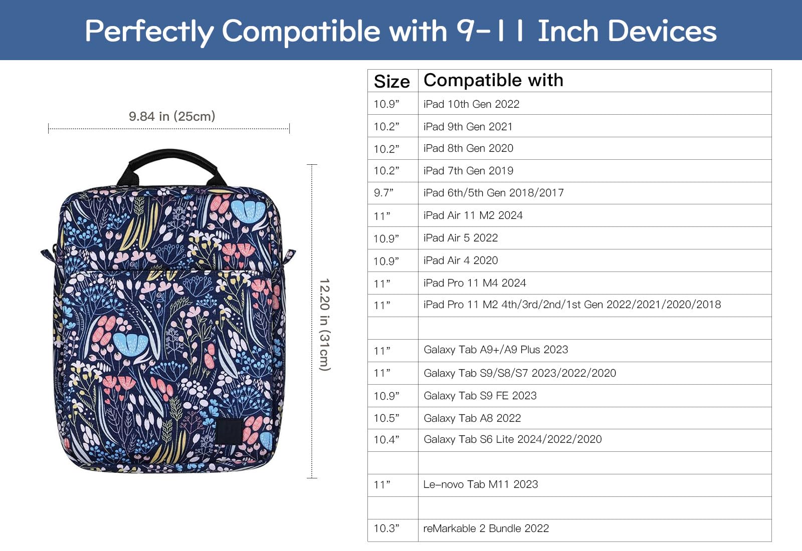 Dadanism 9-11 Inch Tablet Sleeve Bag Carrying Case with Shoulder Strap for iPad 10th Gen 10.9", iPad 9/8/7th 10.2", iPad Air 11", iPad Pro 11", iPad Air 5/4, Galaxy Tab A9+ Plus 11", Night Blue
