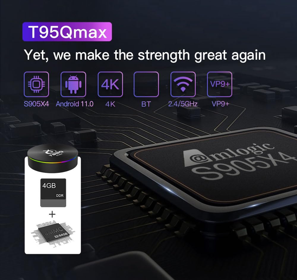 Android 9.0 TV Box T95Q Amlogic S905X3 with DDR3 4GB RAM 32GB ROM 4K Ultra HD H.265 Dual Band WiFi Bluetooth 4.0 Media Box 2.4/5Ghz WiFi 100M LAN