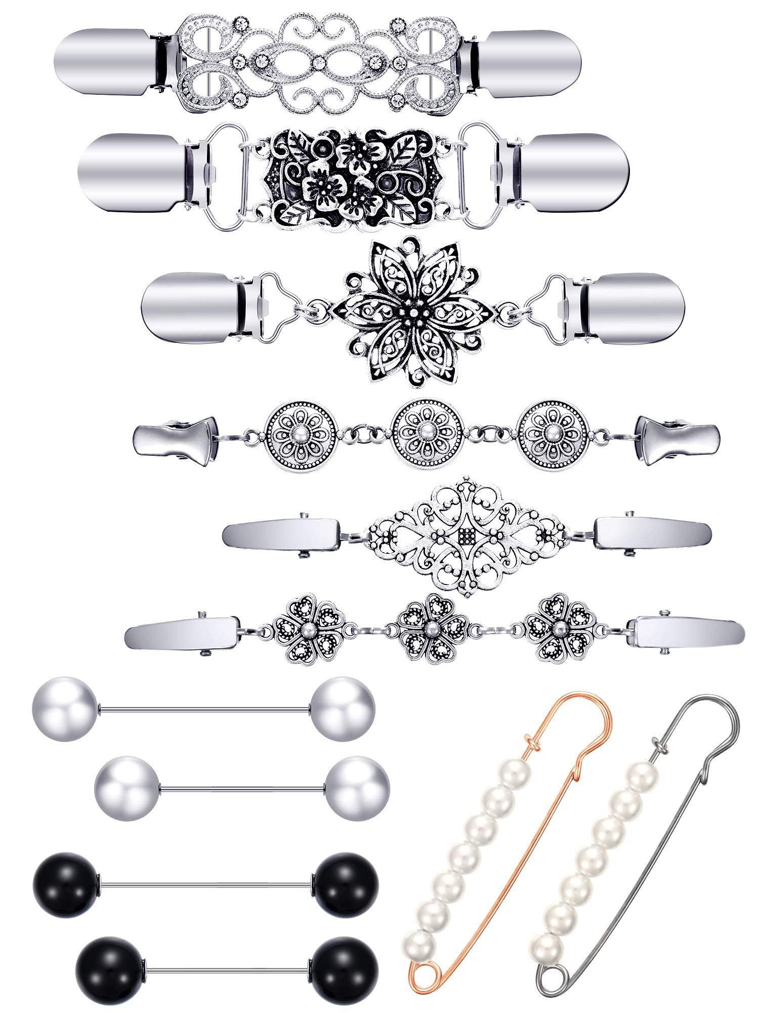 12 Pieces Vintage Sweater Shawl Clips Retro Cardigan Collar Clips Flower Pattern Shirt Dresses Clips Faux Pearl Brooch Pins for Women Girls (Stylish Design)