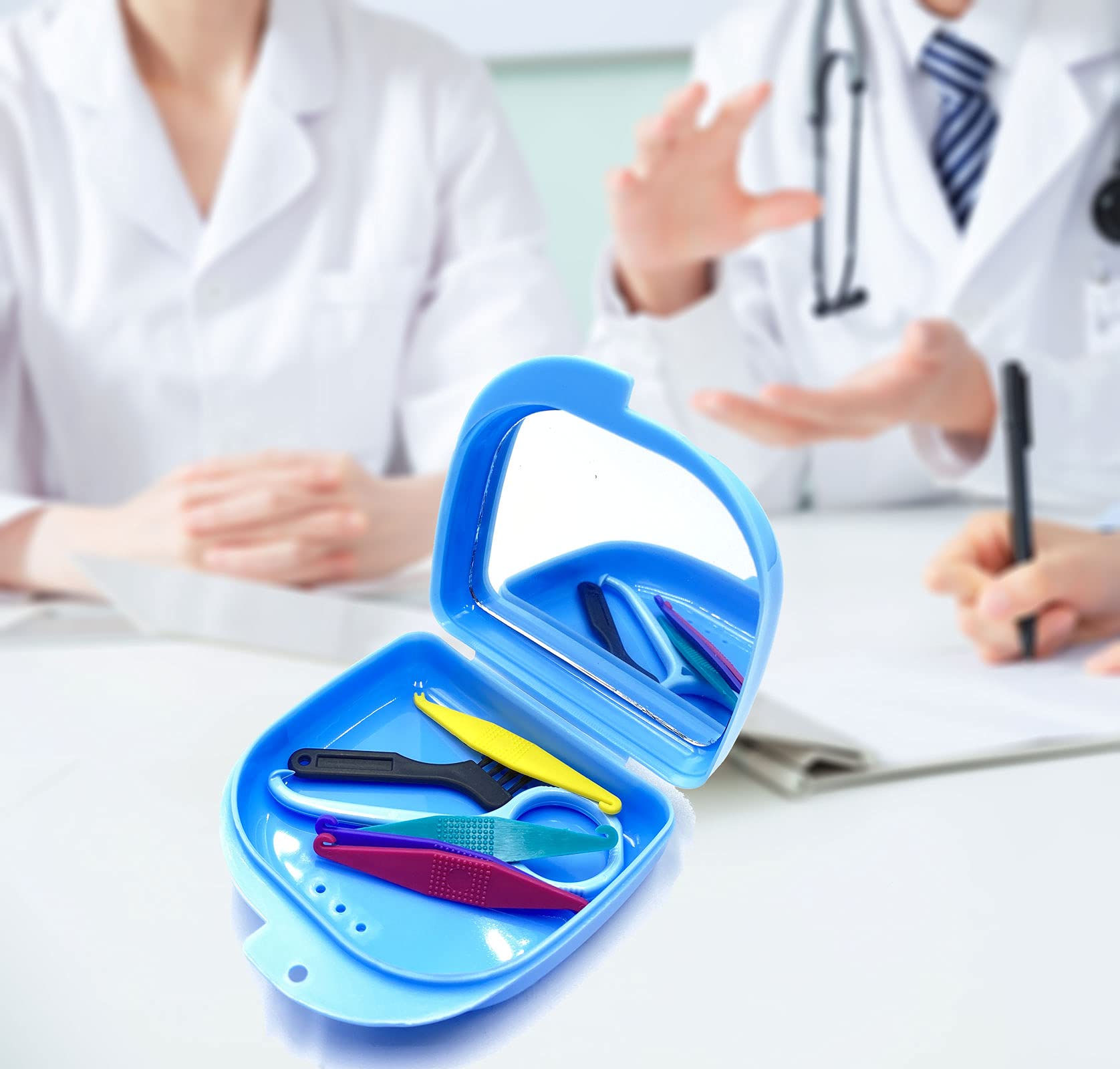 HRASY Oral Care Disassembly Kit/7pcs Including 1 Retainer Case With Mirror and Vent Holes | 1 Aligner Remover Tool | 4 Elastic Rubber Bands Placers | 1 Cleaning Brush (Blue)