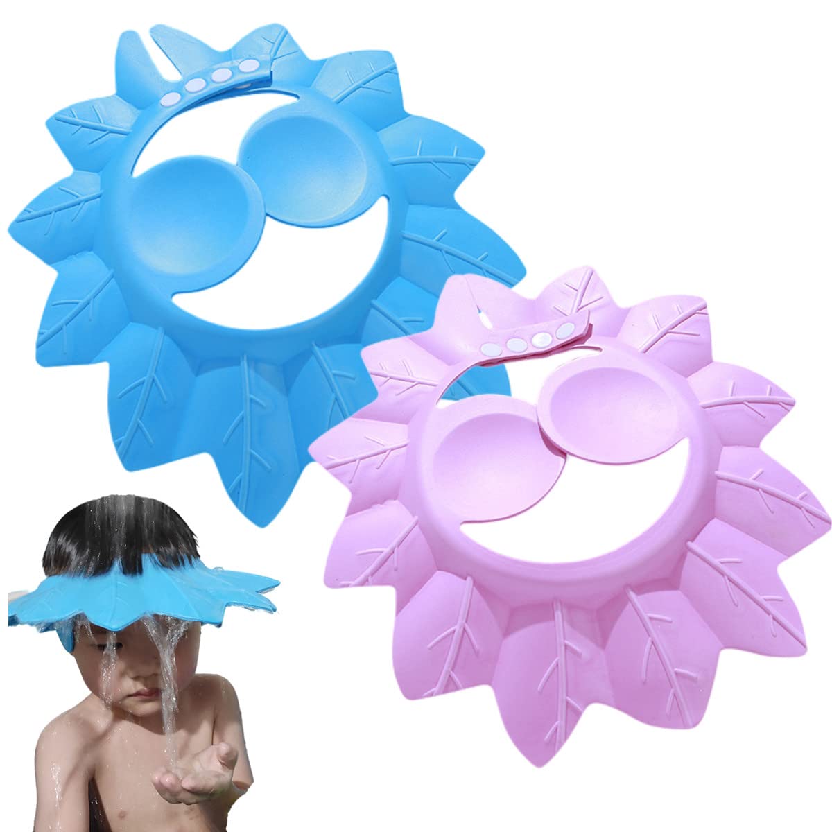 2 PCS Baby Shower Cap for Washing Hair, Maple Leaf Bath Hat for Ear and Eye Protection, Shampoo Visor Shield for Toddler Kids Child Infant, Blue/Pink