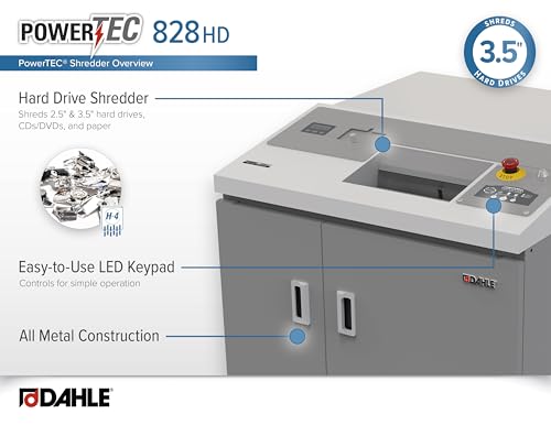 Dahle PowerTEC 828 HD Hard Drive and Paper Shredder, Cross Cut, Shreds 3.5" Hard Drives, CDs/DVDs, Paper, Chain Driven 4.5 Hp Motor, P-3 Security/H-4