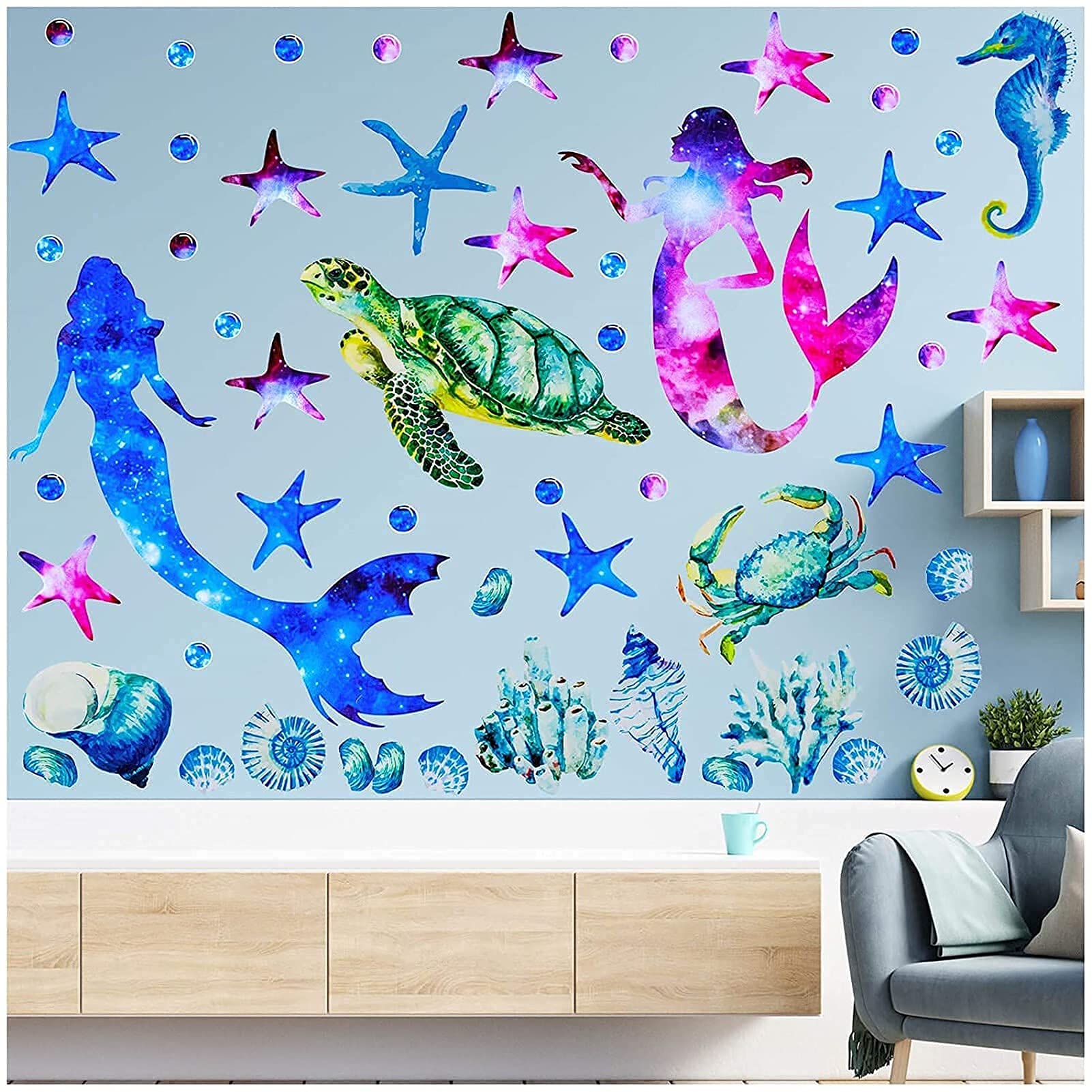 Mermaid Wall Decals, 2 Sheets Removable Mermaid Wall Stickers for Bedroom, The Sea Mermaid Wall Decals Ocean Mermaid Turtle Wall Stickers Bathroom Kids Bedroom