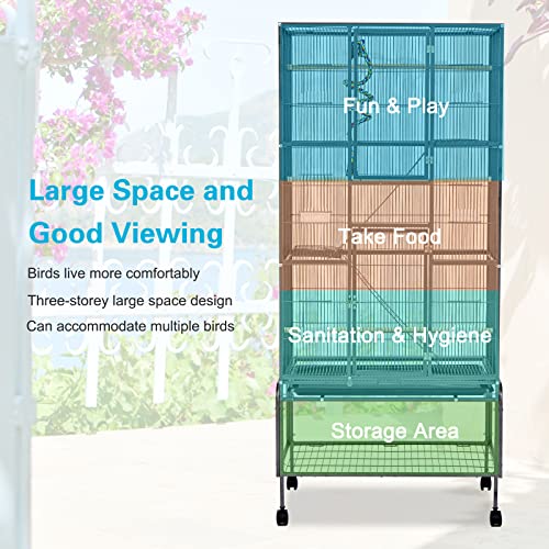 70ββ Big Bird Cage Wrought Iron Large Bird Cage with Rolling Stand for Parrots Conures Lovebird Cockatiel Parakeets, Black