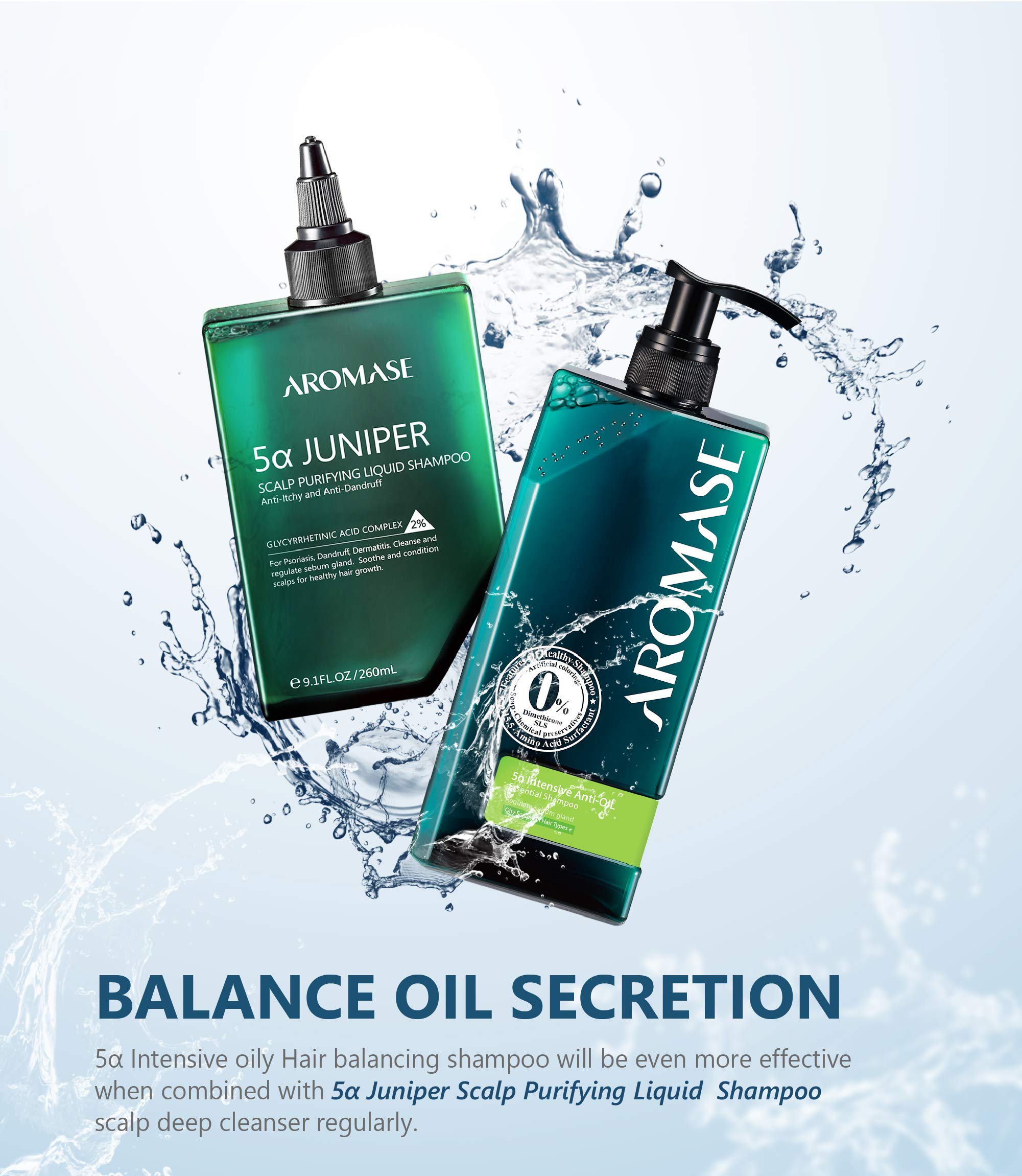 AROMASE 5Å’± Intensive Hair Solution Kit (9.1 Fl Oz Juniper Scalp Purifying Shampoo + 14 Fl. Oz Balancing Essential Shampoo) for Oily Hair & Scalp & Oil Smells