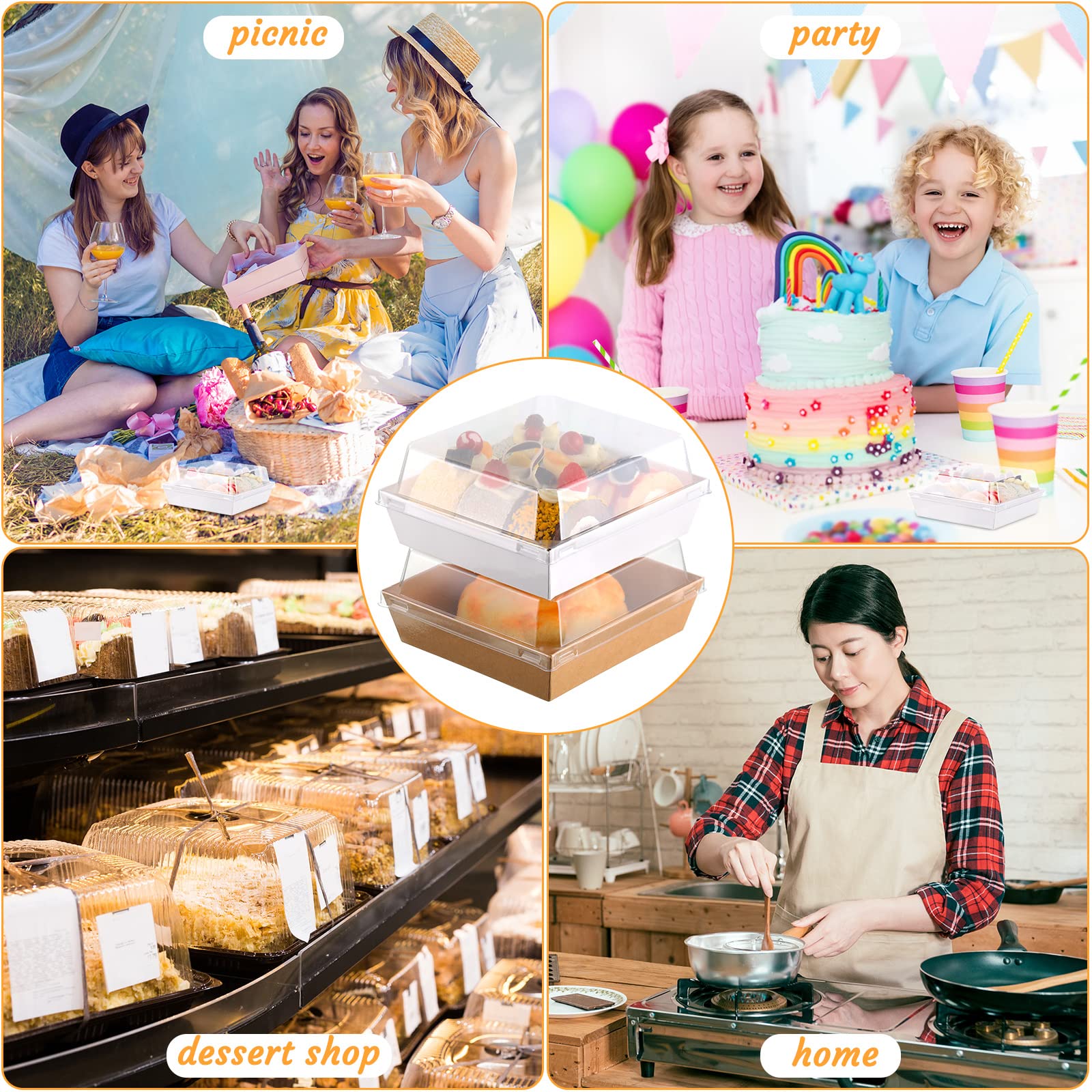 100 Pcs Disposable Food Containers with Clear Secure Lids 5.4 Inch Paper Charcuterie Box Square Cake Boxes Dessert Boxes Cake Slice Container for Sandwich, Cookies, Strawberries, Brown and White