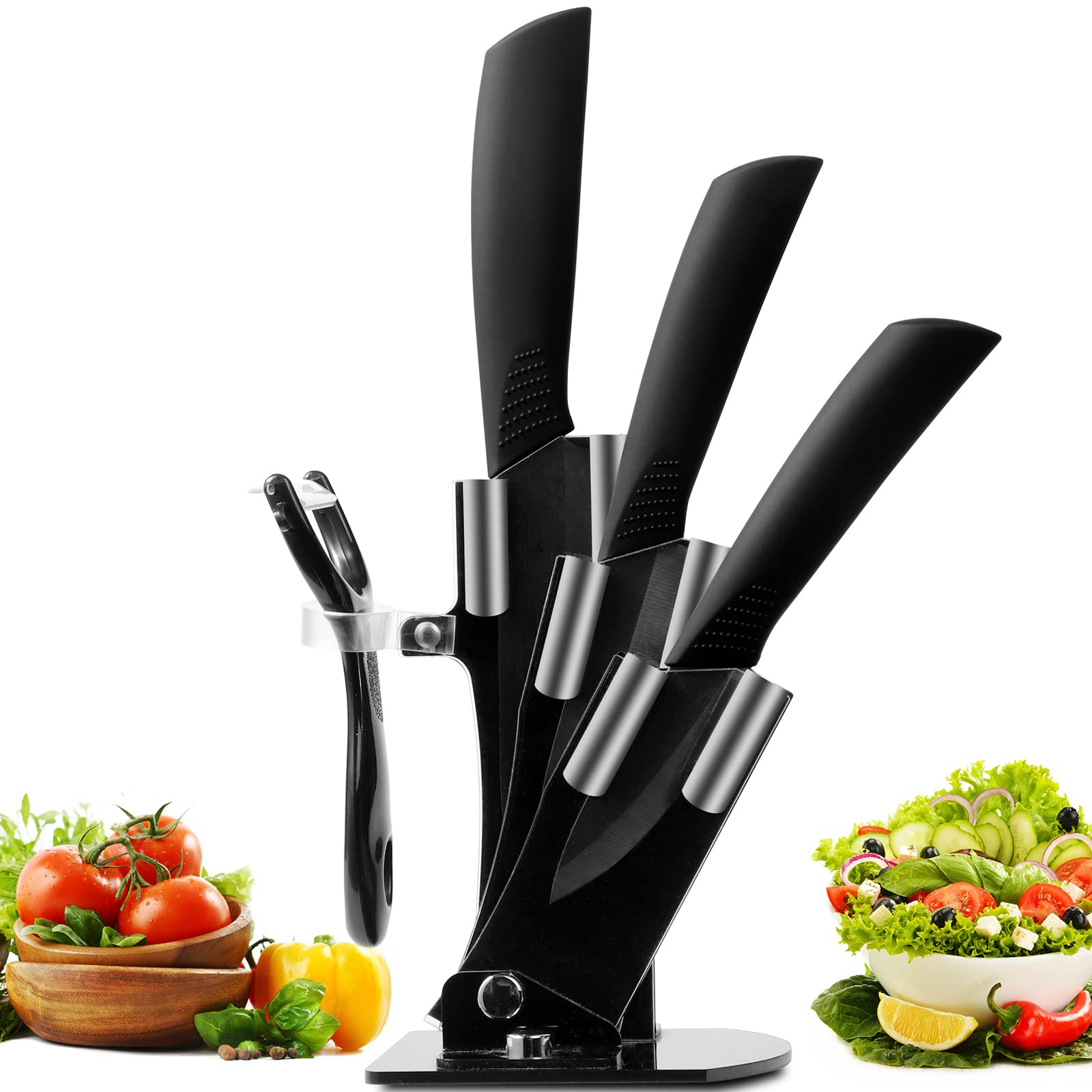 Ceramic Knife Set,Five piece 5" Utility Knife, 4" Fruit Knife, 3" Paring Knife and One Peelerļ¼Ultra Sharp Professional Kitchen Chef Knives with Stain Resistant (Black)