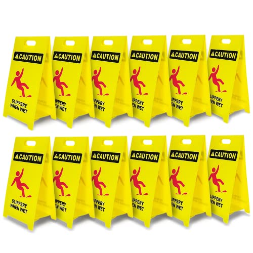 8 NET 12-Pack Caution Wet Floor Sign with Graphic, 19’’ height, durable corrugated plastic, double-sided English/Spanish Wet floor Caution Stand for indoors and outdoors, Avoid Fall & Slip Accident