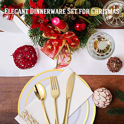 700 Count Gold Dinnerware Set-200 Plastic Plates- 300 Gold Plastic Silverware-100 Gold Plastic Cups-100 Disposable Hand Towel- Disposable Gold Dinnerware Set for Halloween, Christmas, Thanksgiving