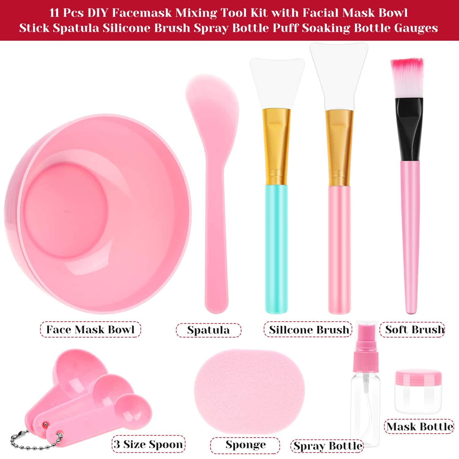 anezus 11 Pcs DIY Facial mask Mixing Tool Kit with Bowl Stick Spatula Silicone Brush Spray Bottle Puff Soaking Bottle Gauges (Pink)