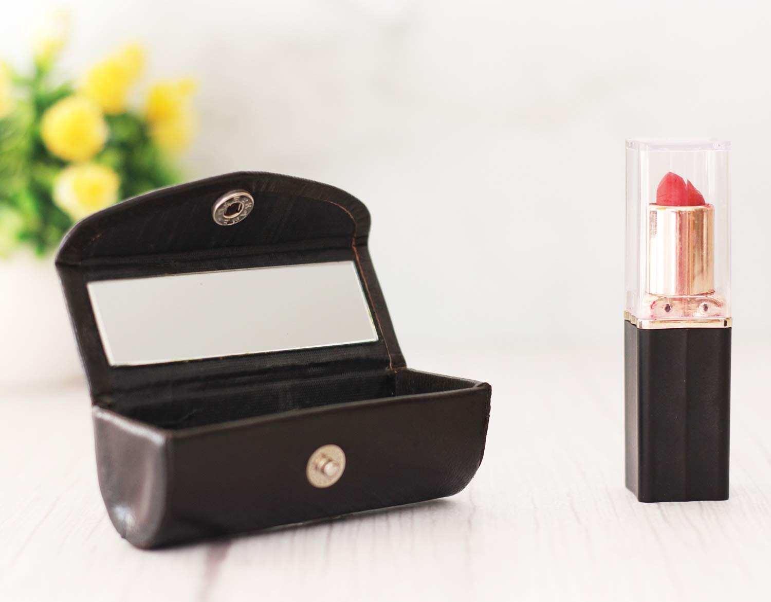 ARTISENIA Set of 2 Leather Lipstick Case Holder Organizer Bag for Purse lipstick holder Durable Soft Leather | Cosmetic Storage Kit With Mirror (Pink & Black)