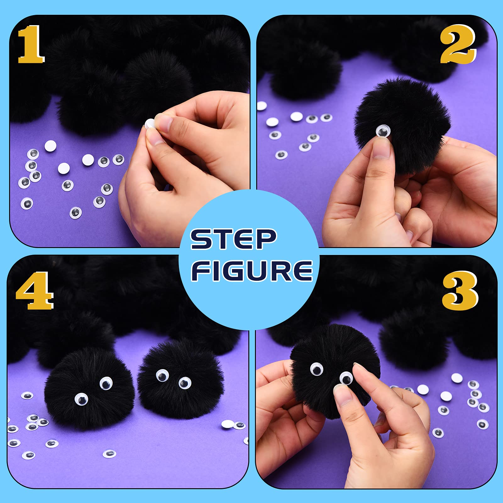 30 Pieces 2.6 Inch Black Pom Pom Balls Fluffy Craft Pom Poms Large Black Pom Poms Creative Crafts Decorations with 100 Pieces Plastic Self-adhesive Googly Eyes for DIY Craft Christmas Party Decoration