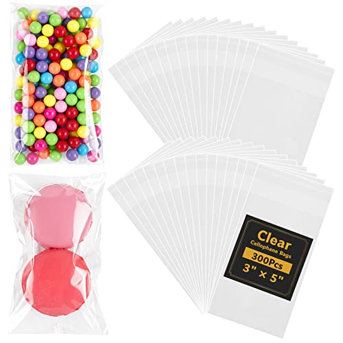 300Pcs Self Sealing Cellophane Bags, 3 Ć 5 Inches Clear Plastic Cello Bags Thick OPP Resalable Treat Bags for Packaging Bakery, Cookies, Goodies, Snacks, Candies, Party Favors, Handmade Soap