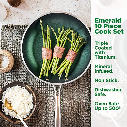 Granitestone Diamond Granite Stone Classic Emerald Pots and Pans Set with Ultra Nonstick Durable Mineral & Diamond Tripple Coated Surface, Stainless Steel Stay Cool Handles, 10 Piece Cookware, Greenā¦