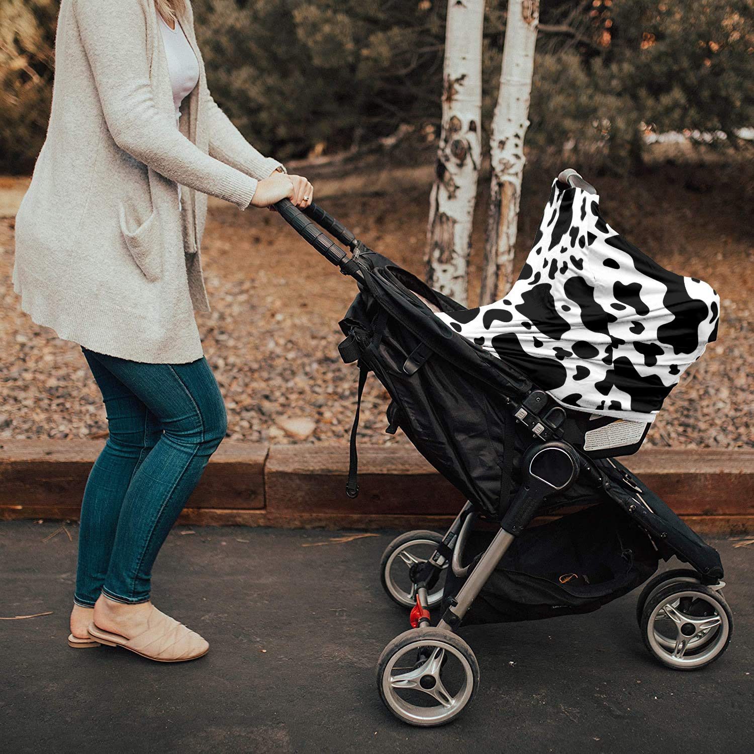 Animal Theme Baby Car Seat Covers, Nursing Cover Breastfeeding Scarf/Shawl, Infant Carseat Canopy, Stretchy Soft Breathable Multi-use Cover Ups, Black and White Cows Brindle