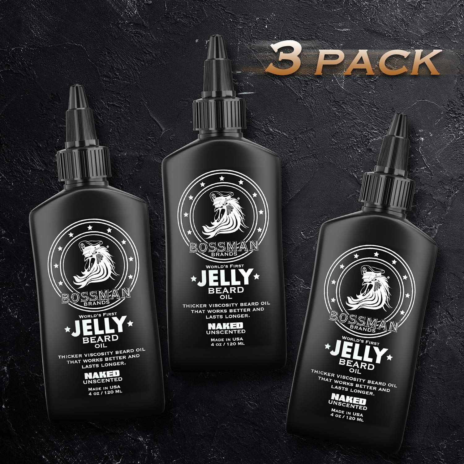 Bossman Jelly Beard Oil - Beard Growth Softener and Moisturizer Care - Larger 4oz, Bottle - 3 Pack Kit - Made in USA (Naked Scent)