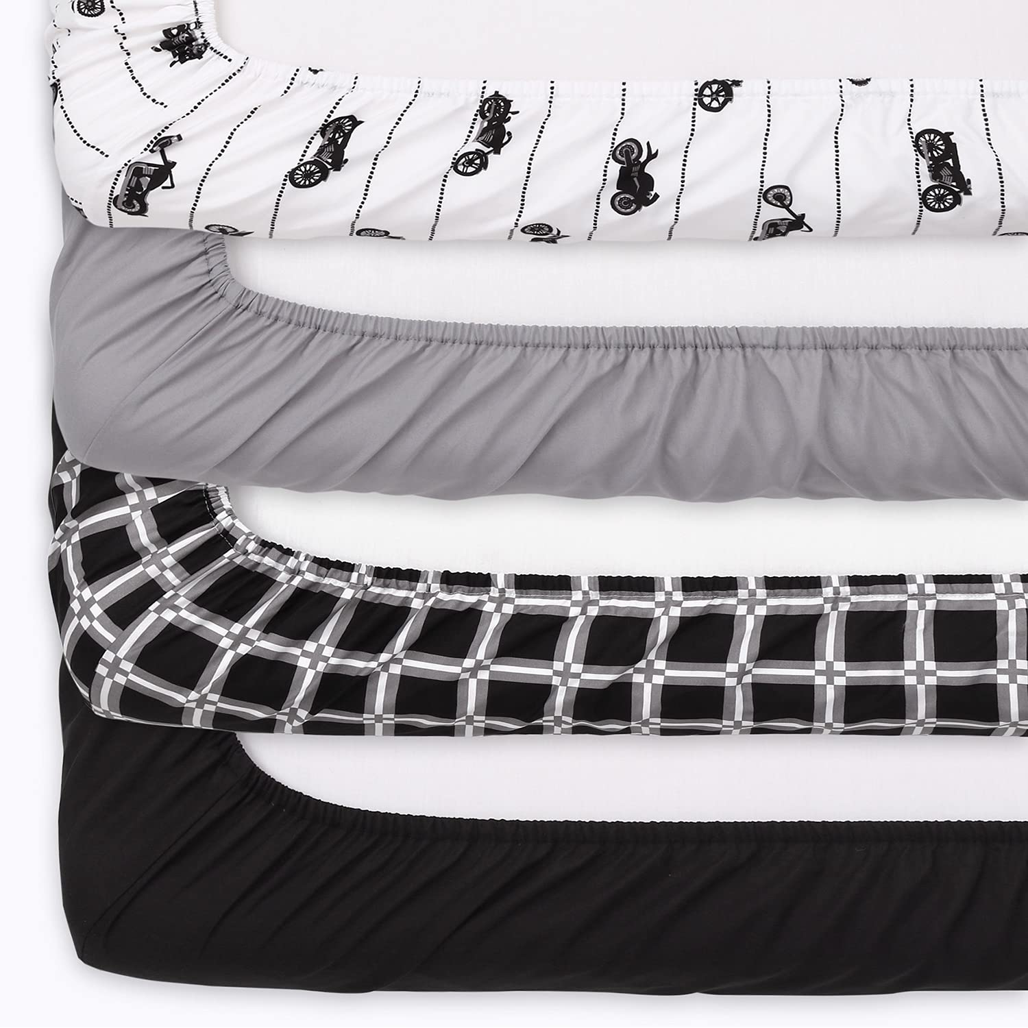 The Peanutshell Motorcycle Fitted Crib Sheet Set | Unisex 4 Pack | Motorcycle & Black Plaid