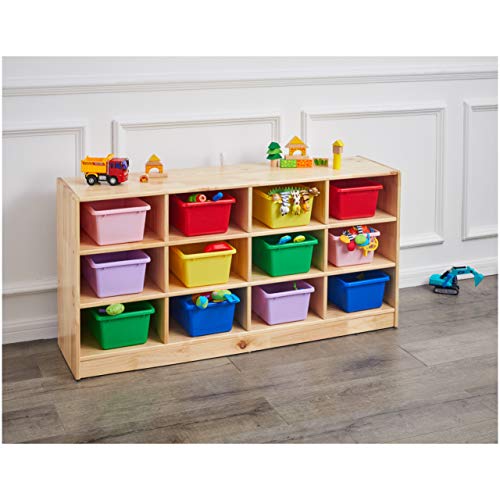 Amazon Basics Kids Vertical Storage Cubby, 12 Section Organizer, Wooden Finish