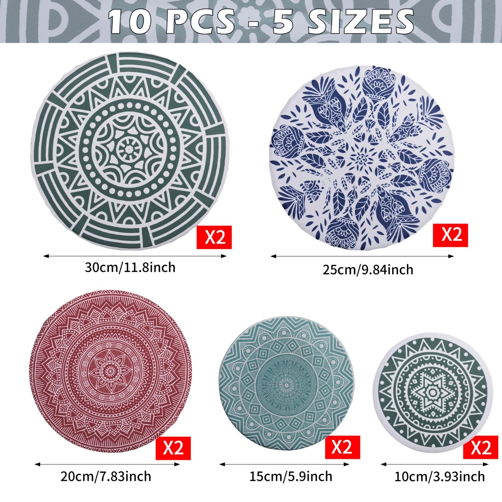 10Pcs Reusable Bowl Covers In 5 Size, Stretch Cloth Fabric Dish Cover Kitchen Storage Containers Lids for Fruits Food Leftover Dough Bread Proofing