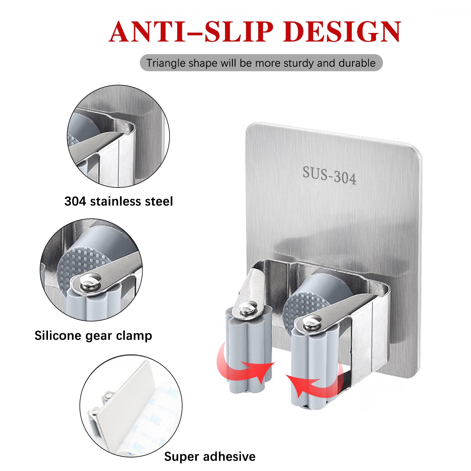 2PCS Broom Holder Wall Mount Self Adhesive Mop and Broom Holder Stainless Steel Broom Hanger Heavy Duty for Laundry Storage Bathroom Kitchen Garage