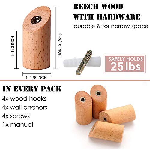 Felidio Wood Wall Hooks, 4 Pack Coat Hooks Wall Mounted Rustic Wooden Hooks Heavy Duty Robe Hook Hat Rack | Hooks for Hanging Bathroom Towels Clothes Hanger (Beech Wood)