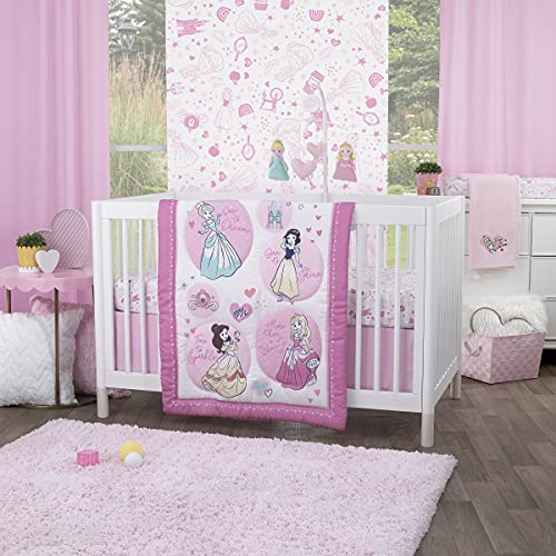 Disney Princess - Dare to Dream Pink and White, Castle, Hearts and Stars 3 Piece Nursery Crib Bedding Set - Comforter, Fitted Crib Sheet, and Crib Skirt