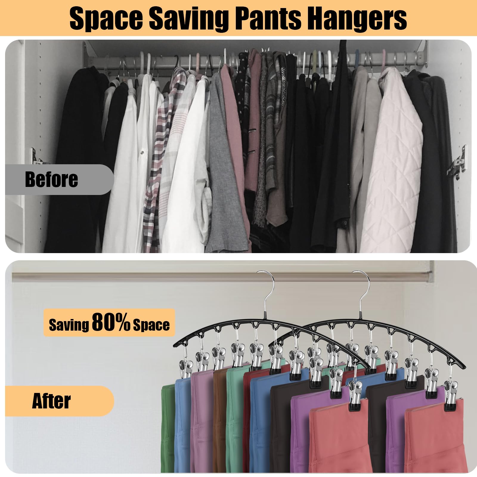 2 Pack Legging Organizer for Closet Hanging, Stainless Steel Clips Hangers for Pants with 10 Clips, Heavey Duty Legging Hangers for Closet Jeans Skirts Bras (Black)