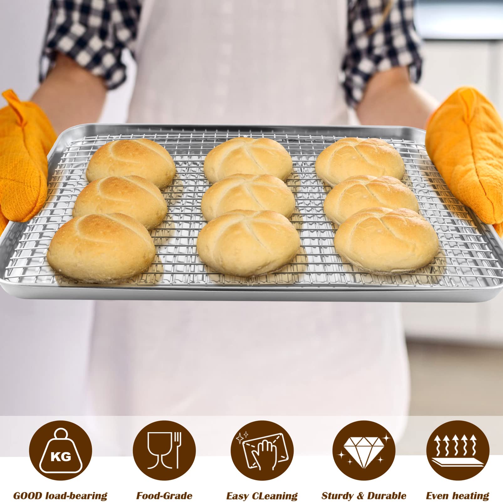17.5 Inch Half Baking Cookie Sheet with Rack, P&P CHEF Stainless Steel Baking Pan Oven Tray and Cooling Rack for Cooking, Corrugated Bottom & Grid Rack, Healthy & Durable, 2Pcs (1 Pan +1 Rack)