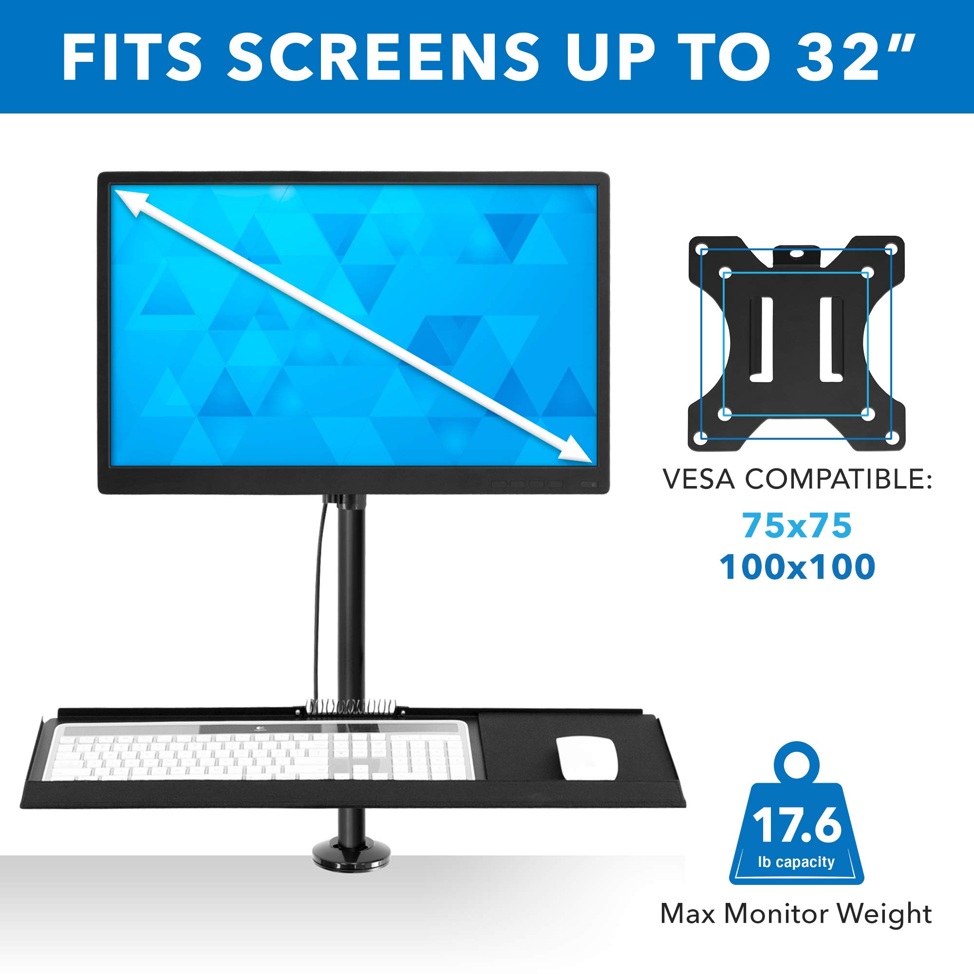 MOUNT-IT! Sit Stand Monitor Desk Mount [Fits 32" Screens] Height Adjustable, Full-Motion Articulating Arm with Keyboard Tray and Cable Management (Black)