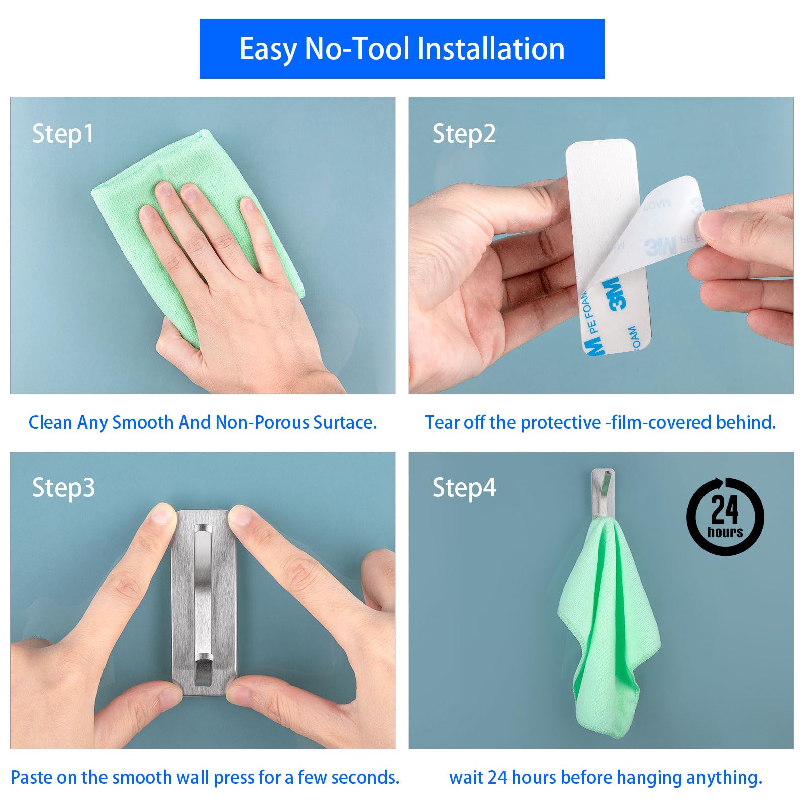 2 Pack Self Adhesive Hooks,Towel Hooks for Bathroom, Heavy Duty Adhesive Hooks,Shower Hooks for Inside Shower,Stainless Steel Wall Hooks for Coat,Robe and Towels, Stick On Bathroom and Kitchen,Sliver