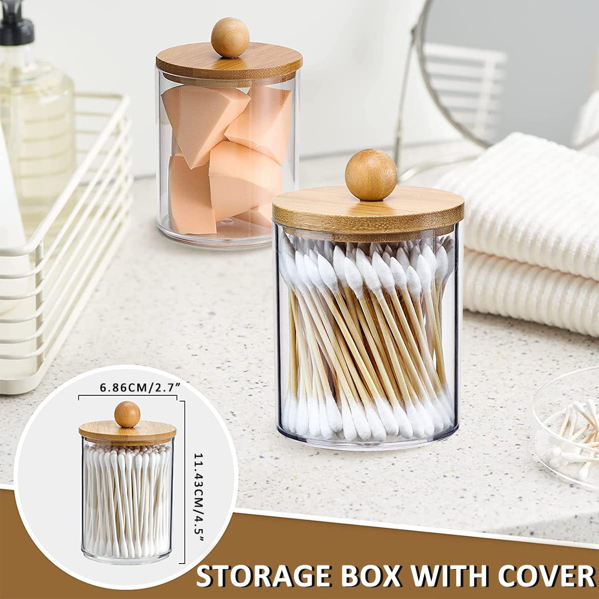 3Pcs Qtip Holder Dispenser, Apothecary Jars with Bamboo Lids, Clear Acrylic Bathroom Jars with Tray, Cotton Swab Storage Dispenser, Reusable Bathroom Canisters, Cotton Swab Holder Dispenser for Makeup
