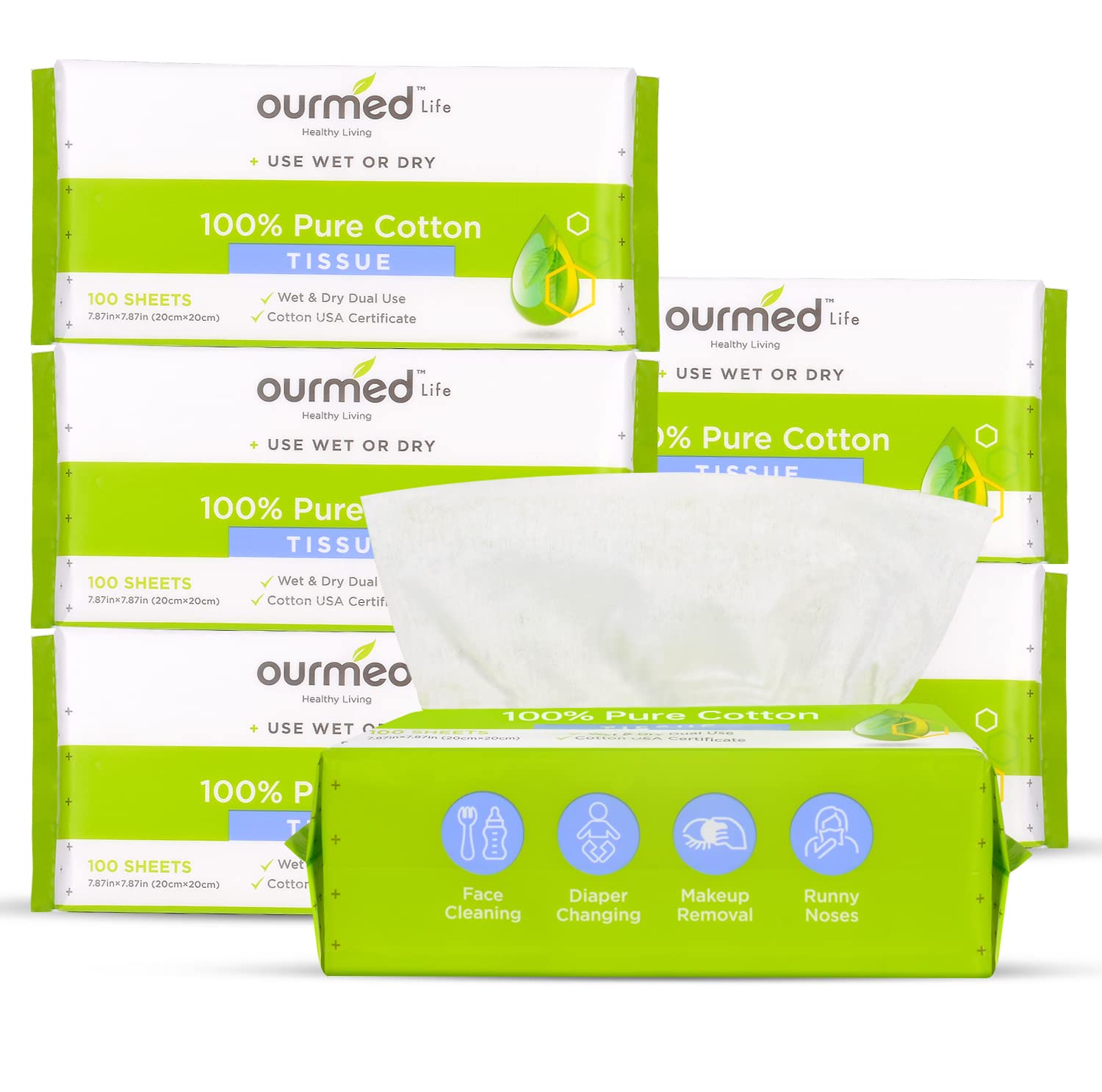 Ultra Soft Baby Dry Wipes - Ourmed Life 100% Cotton Tissues | Unscented Lint Free | Disposable Facial Towel for Sensitive Skin | 600 Count