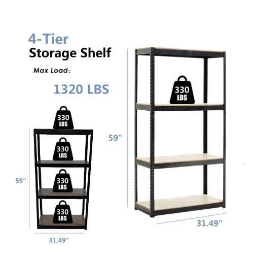 4 Tier Metal Shelving Unit Adjustable Garage Storage Utility Rack Heavy Duty Shelves Organization Multipurpose Shelf Warehouse Basement Kitchen Living Room Pantry - 31.49" x 14.47" x 59β Black