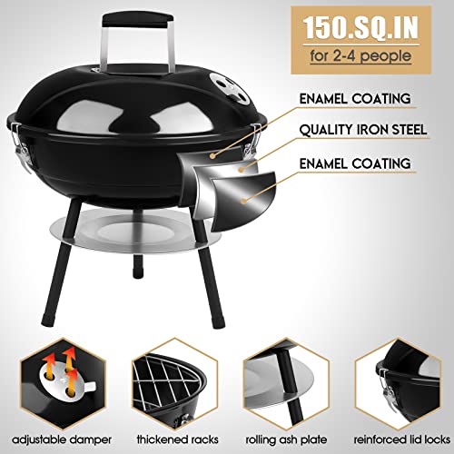 14 Inch Charcoal Grill, HaSteeL Portable & Mini BBQ Grilling Smoker, Great for Outdoor Cooking Backyard Garden Camping Picnic Barbecue, Enamel Black Lid, Plus a Screwdriver