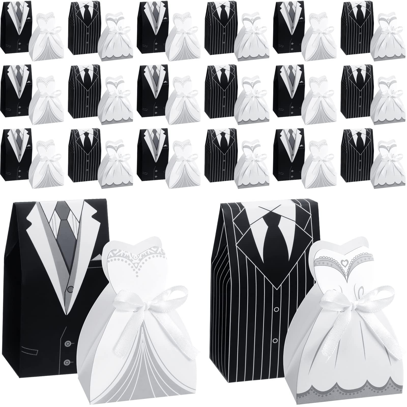 100 Pcs Wedding Party Favor Boxes Dress Tuxedo Candy Chocolate Gift Box Creative Vintage Wedding Treat Bags Bulk with Ribbon for Birthday Bridal Shower Guests Decoration Party Supplies (Classic Style)