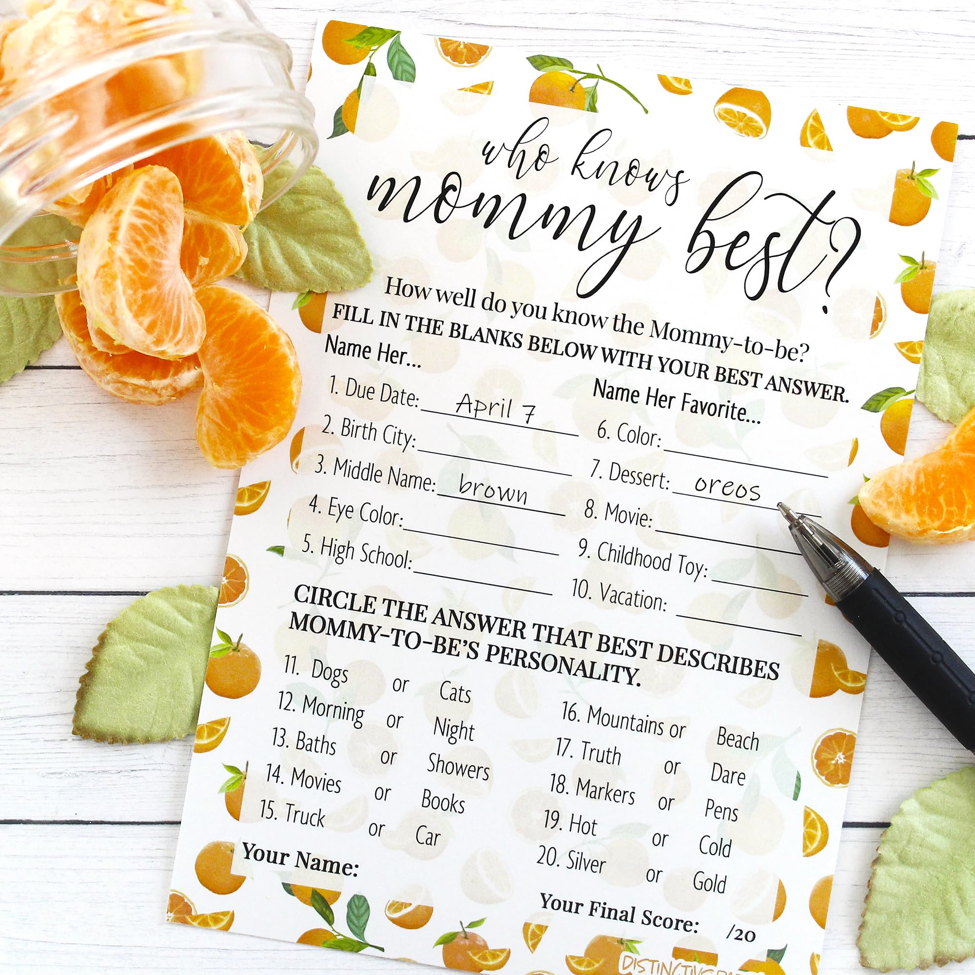 DISTINCTIVS Orange Little Cutie Baby Shower Game, Who Knows Mommy Best Game Cards - 20 Count