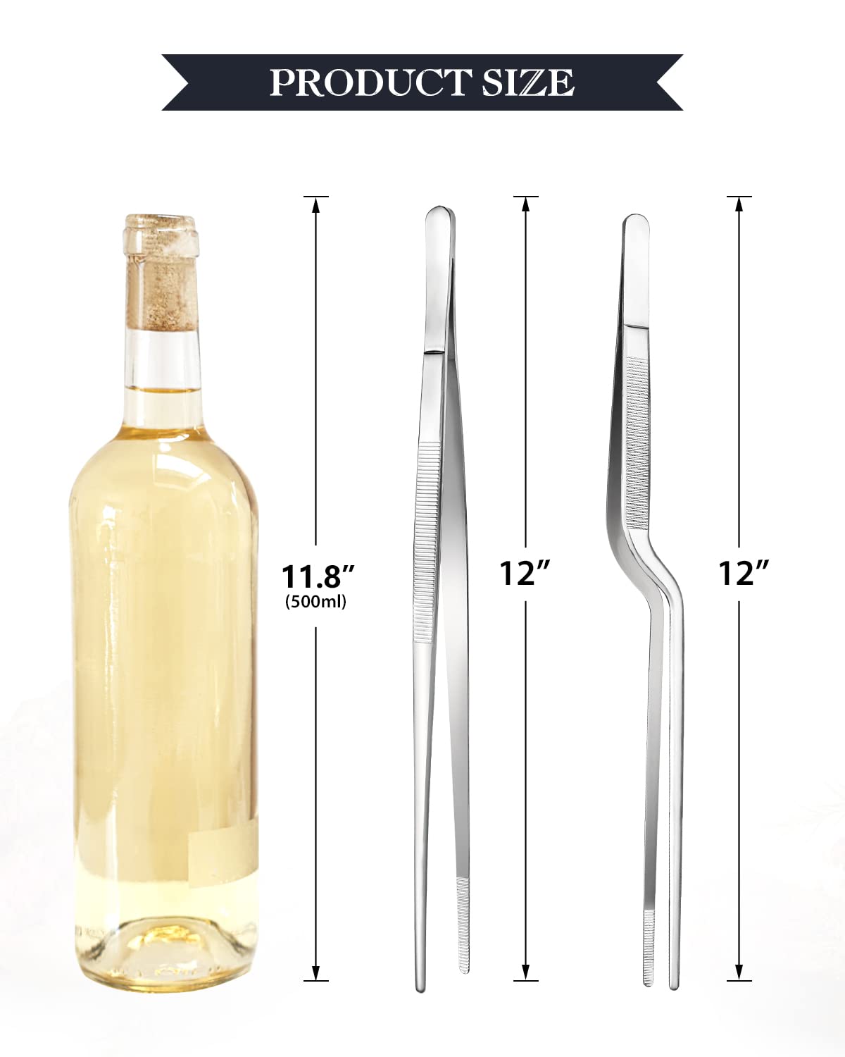 12-inch Cooking Tweezer and Offset Tweezer Set, Tongs Precision Serrated Tips, Stainless Steel Professional Chef Tweezer Kitchen Tools for BBQ, Plating and Serving