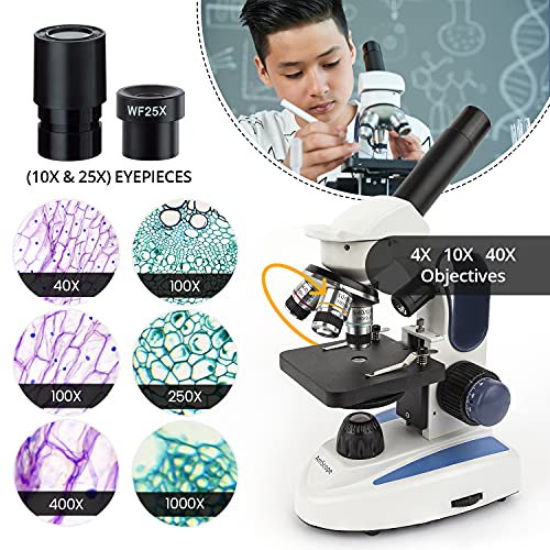 AmScope M158C-E Compound Monocular Microscope, WF10x and WF25x Eyepieces, 40x-1000x Magnification, Brightfield, LED Illumination, Plain Stage, 110V, Includes 0.3MP Camera and Software