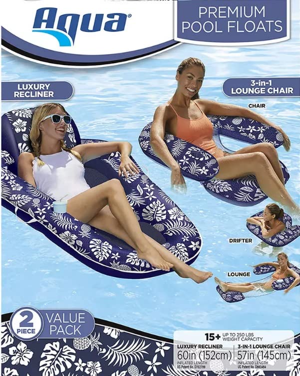 2 Pack of Aqua Recliner Luxury Lounge with Canopy and 3-in-1 Lounge-Extra Large – Heavy Duty, Inflatable Pool Floats for 15 + and Adult & Cupholder, X-Large