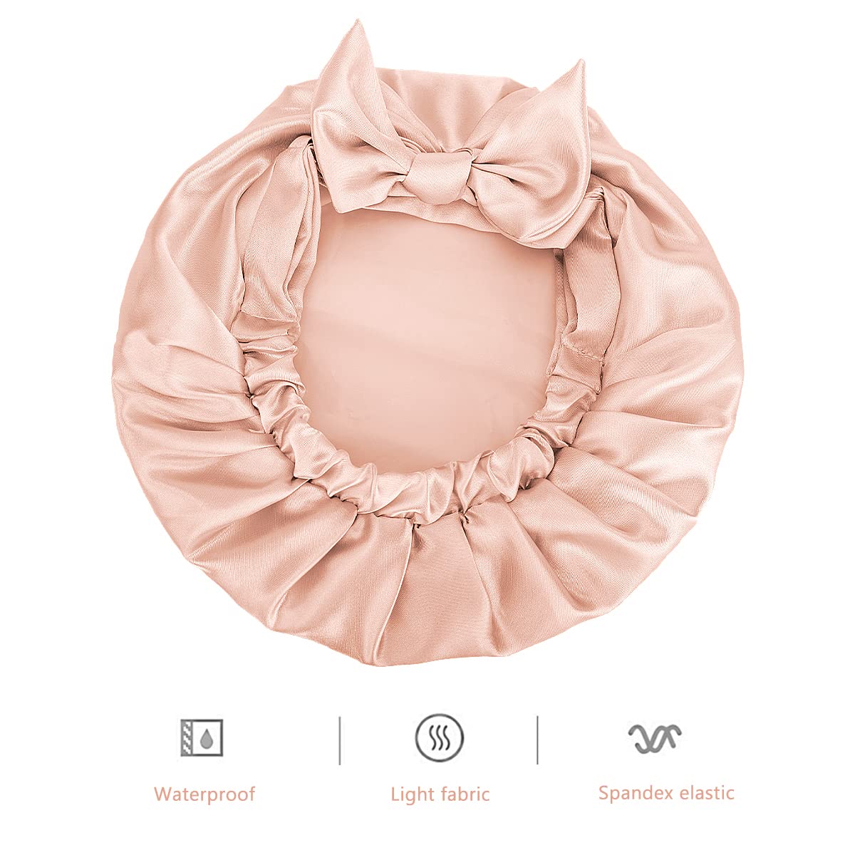 Auban Extra Large Shower Cap, Bowknot Double Layer Reusable Bath Hair Caps With Silky Satin for Women Beauty Bathing, Hair Spa, Home Hotel Travel Use (Beige)