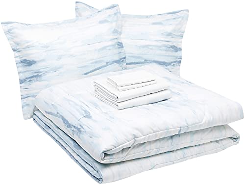 Amazon Basics Ultra-Soft Microfiber Bed-In-A-Bag 8 Piece Comforter Bedding Set, Queen, Blue Watercolor, Striped