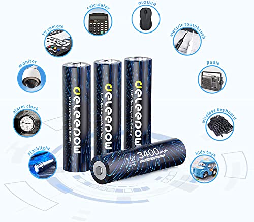 Deleepow Rechargeable AA Batteries, 1.5V 3400mWh High Capcity Lithium AA Battery 4 Pack 1500 Cycles Long Lasting Double A Battery