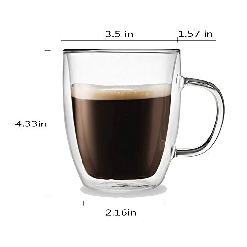 FIXTADE Clear Coffee Mugs Set of 2 - Double Wall Cups with Handle - Glass Tea Mugs Each 12 Ounces( 350ml)