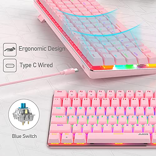 Pink Gaming Keyboard and Mouse,3 in 1 Rainbow LED Backlit Wired Mechanical Keyboard Blue Switch,RGB 6400 DPI Lightweight Gaming Mouse with Honeycomb Shell Gaming Mouse Pad for PC Gamers(Pink)